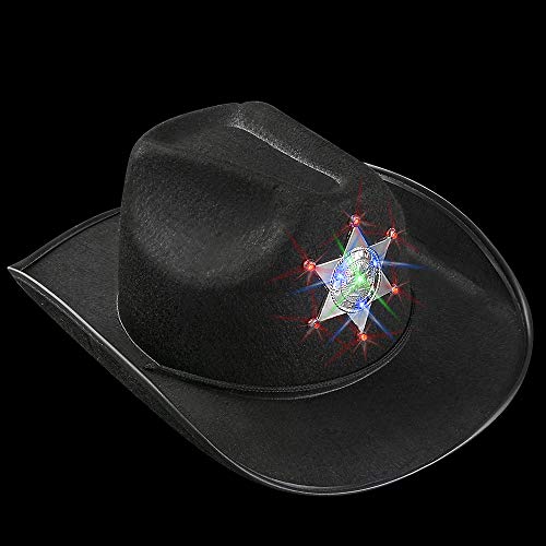 Black Sheriff Hat for Kids Boys and Girls - Light Up Cowboy Hat with Sheriff Blinking Badge and Draw String for Dress-Up and Play Costume Parties
