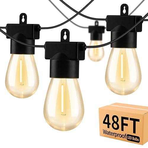 Aialun Outdoor String Lights 48FT with Shatterproof Dimmable Edison Bulbs and Waterproof Heavy-Duty Commercial Grade Strand Outside Patio - ETL Listed Decorative for Porch Backyard Market Garden