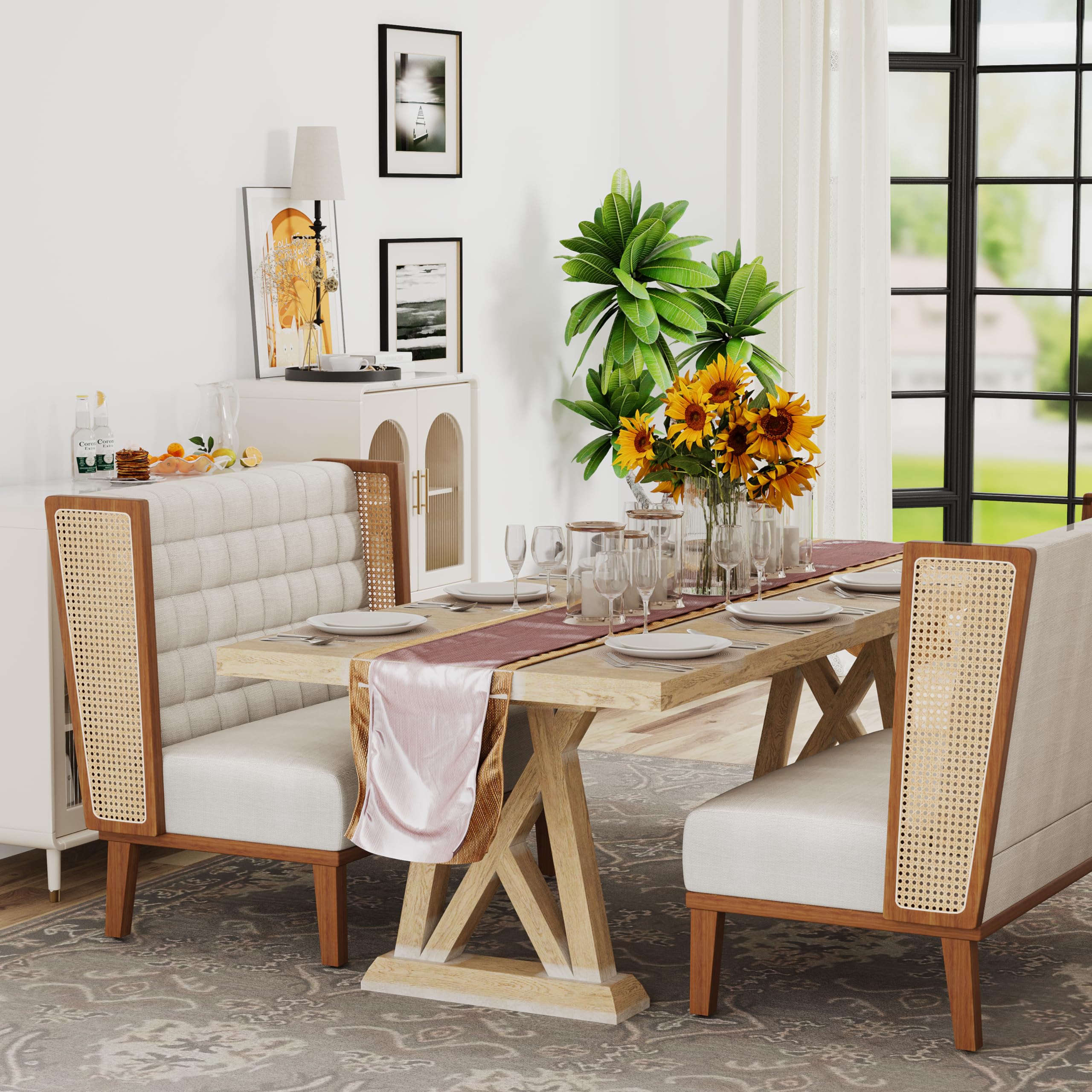 Andeworld Loveseat Settee Bench with Rattan Arms, Upholstered Modern Mini High-Back Sofa Couch,Banquette Dining Bench for Living Dining Room Bedroom Office Small Space Entryway,Beige