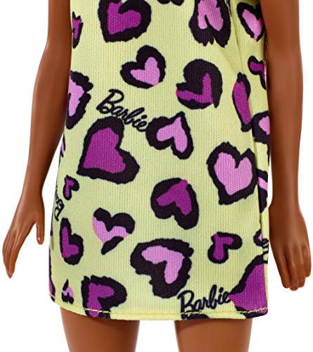 Barbie Doll, Brunette, Wearing Yellow and Purple Heart-Print Dress and Platform Sneakers, for 3 to 7 Year Olds