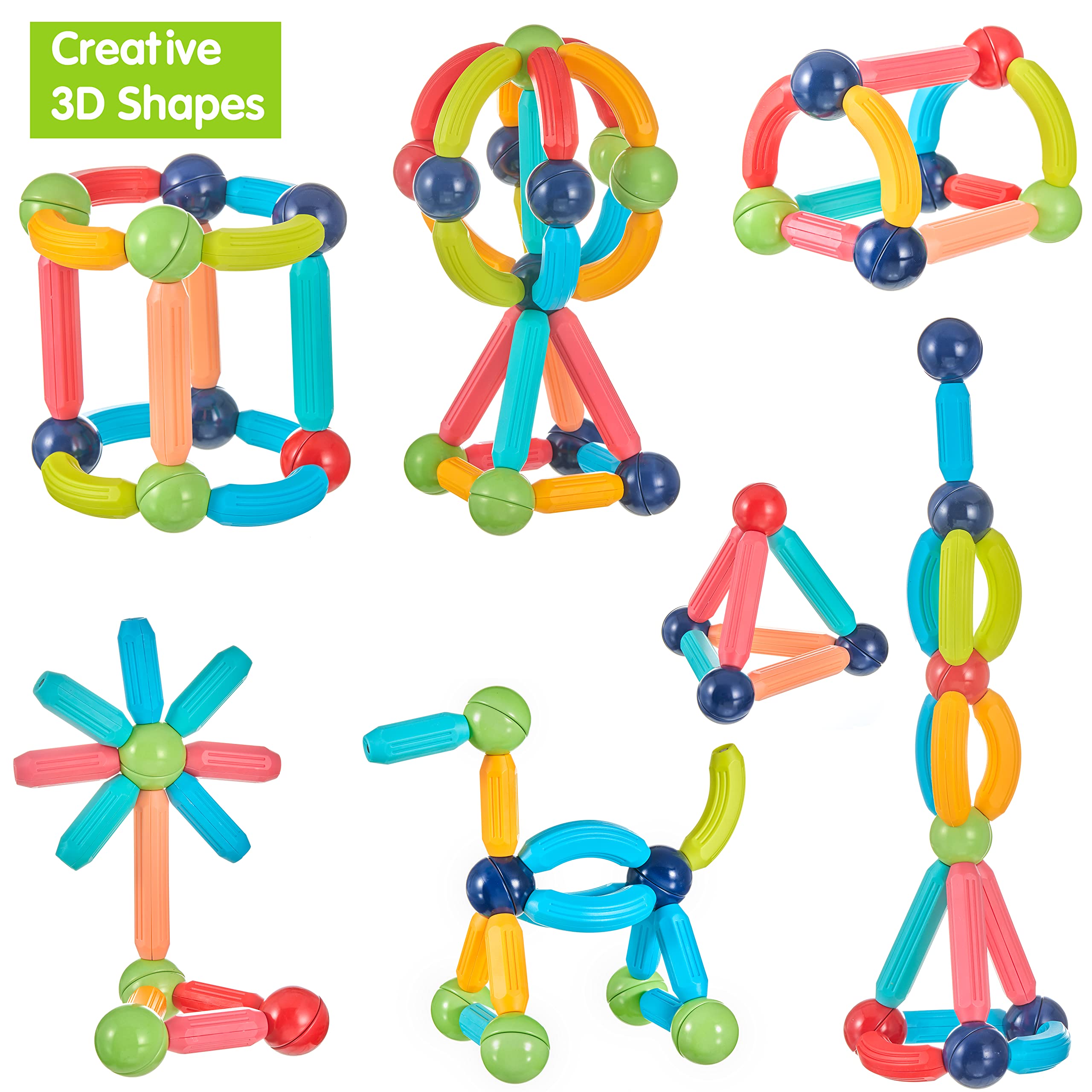 BrainSpark 64PCS DigitBuilders, Fun & Educational Magnetic Building Sticks and Balls for Kids STEM Learning, Montessori Preschool Toys