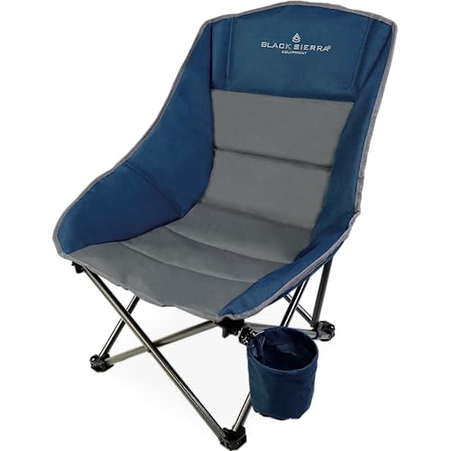 Black Sierra Deluxe Low Scoop Padded Camping Chair, Folding Event Chair with Cup Holder and Carrybag, Outdoor Portable Beach Chair Supports 250 Lbs, Event Chair, Camping Chair, Beach Chair