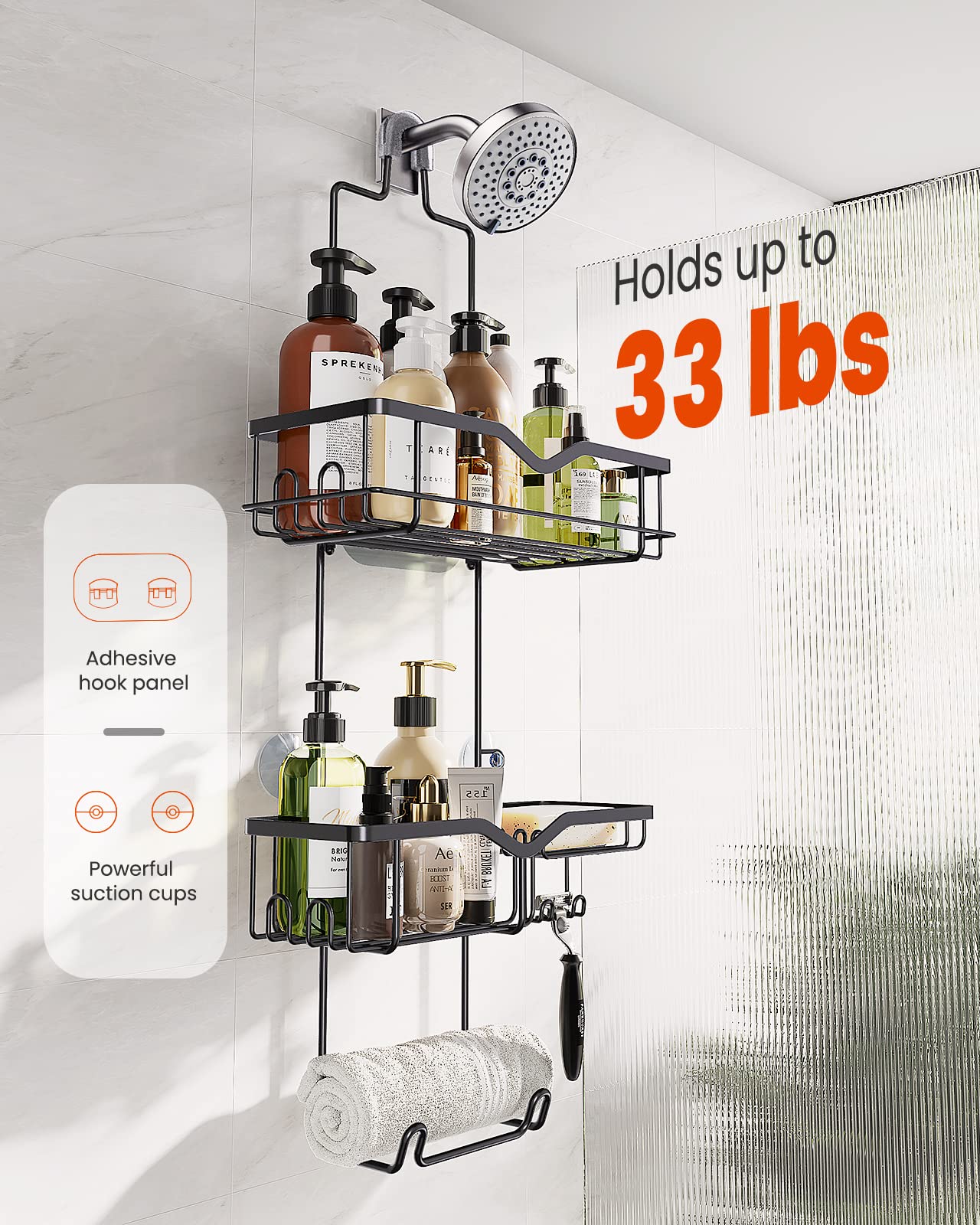 AMADA Hanging Shower Caddy, Shower Caddy Over Shower Head, Rustproof Stainless Steel Shower Organizer with Soap Holder & Hooks, Shower Rack for Shampoo, Sponges, Towels, No Drilling Required, Black
