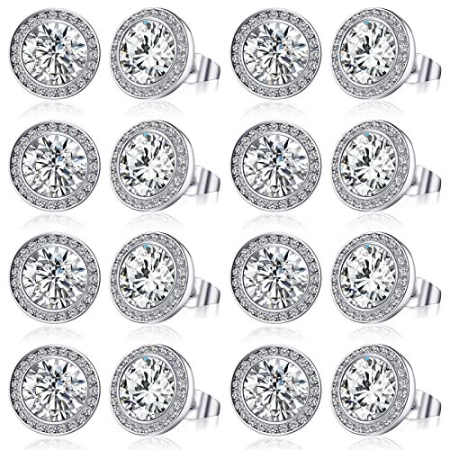 8 Pairs Rhinestone Earrings Competition Dance Earrings for Women Crystal Stud Earrings Round Diamond Earrings Halo Jewelry for Dance Competitions Stage Performance Bridal Party (Silver, 14 mm)