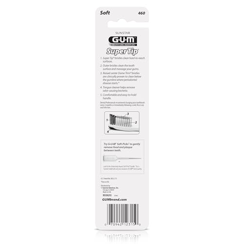 GUM Super Tip Toothbrush, Soft Bristle Toothbrush for Adults with Tongue Cleaner, Compact Head, 2ct
