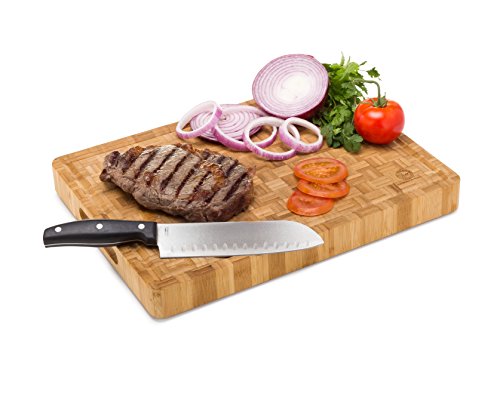 End Grain Wood Bamboo Cutting Board for Kitchen, Commercial Use - Extra Large, Thick Butcher Block with Juice Groove, Handles, and Non-Slip Feet for Chopping Veggies, Carving Meat, Bread and Cheese