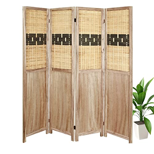 Babion 4 Panel Room Divider, Grass Willow Hand-Woven Screen, Room Dividers and Folding Privacy Screens, Modern Wall Dividers Room Bedroom Decoration, Dividers for Home Office -Brown and Black