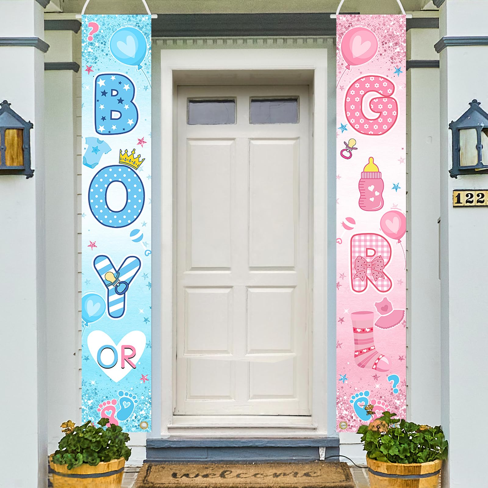 Avezano Gender Reveal Party Banner Boy or Girl Porch Signs Blue and Pink Balloon Hanging Door Banner for Indoor Outdoor Gender Reveal Baby Shower Party Decoration Supplies