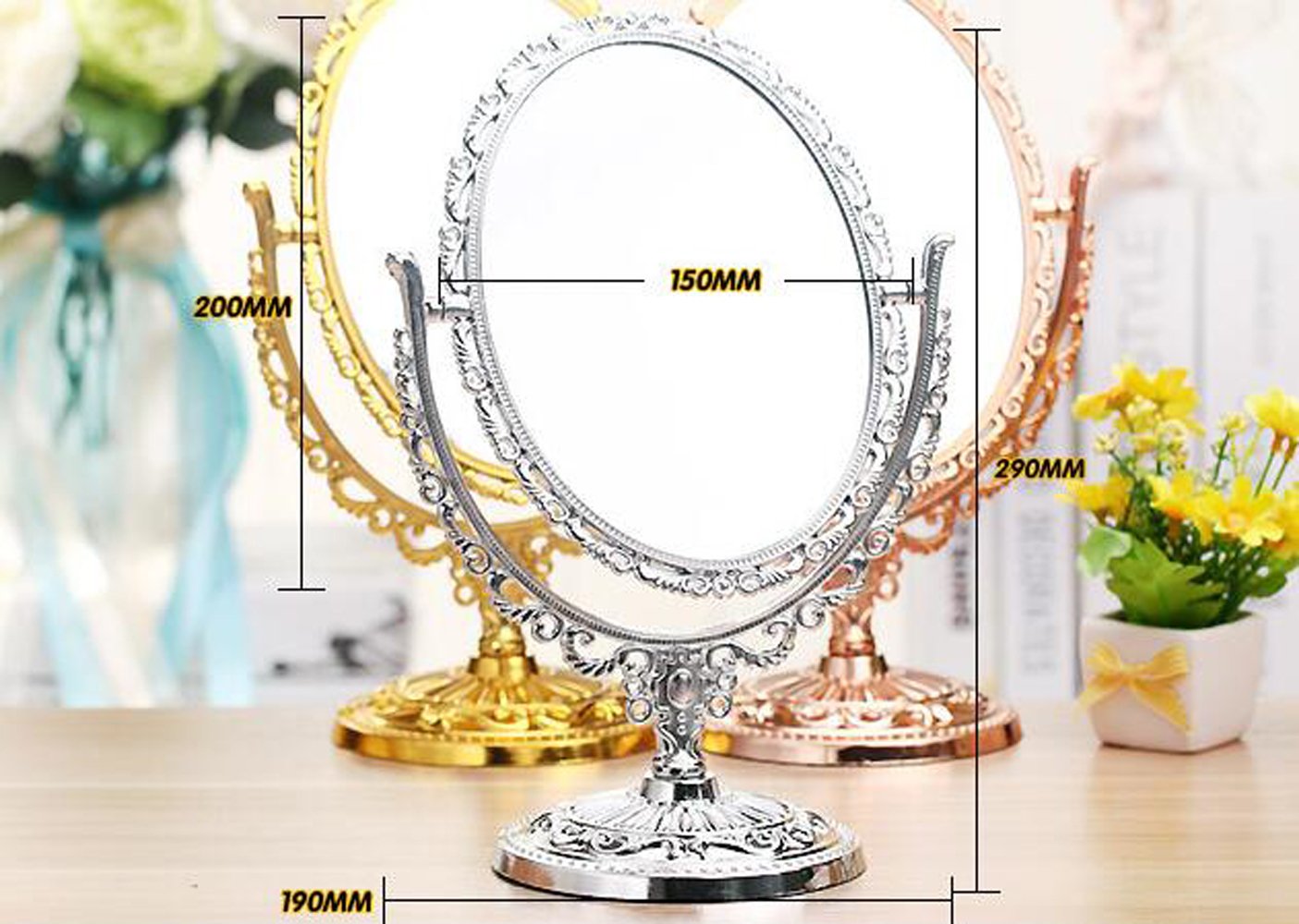 Guppy Desktop Antique Vintage European Style Two Sided Swivel Oval Tabletop Vanity Makeup Mirror with Embossed Hollow Flower Shiny Pedestal(Gold)