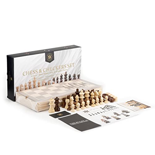 A&A 15 inch Wooden Folding Chess & Checkers Set w/ 3 inch King Height Staunton Chess Pieces - Mahogany Box w/Mahogany & Maple Inlay