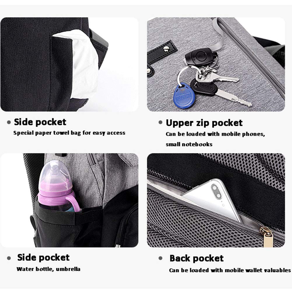 Mummy Diaper Bag Backpack Multi-Function Waterproof Travel Nappy Bags for Baby Care, Large Capacity, Stylish and Durable, USB Charging Port for Bottle Warmer, Black-Grey
