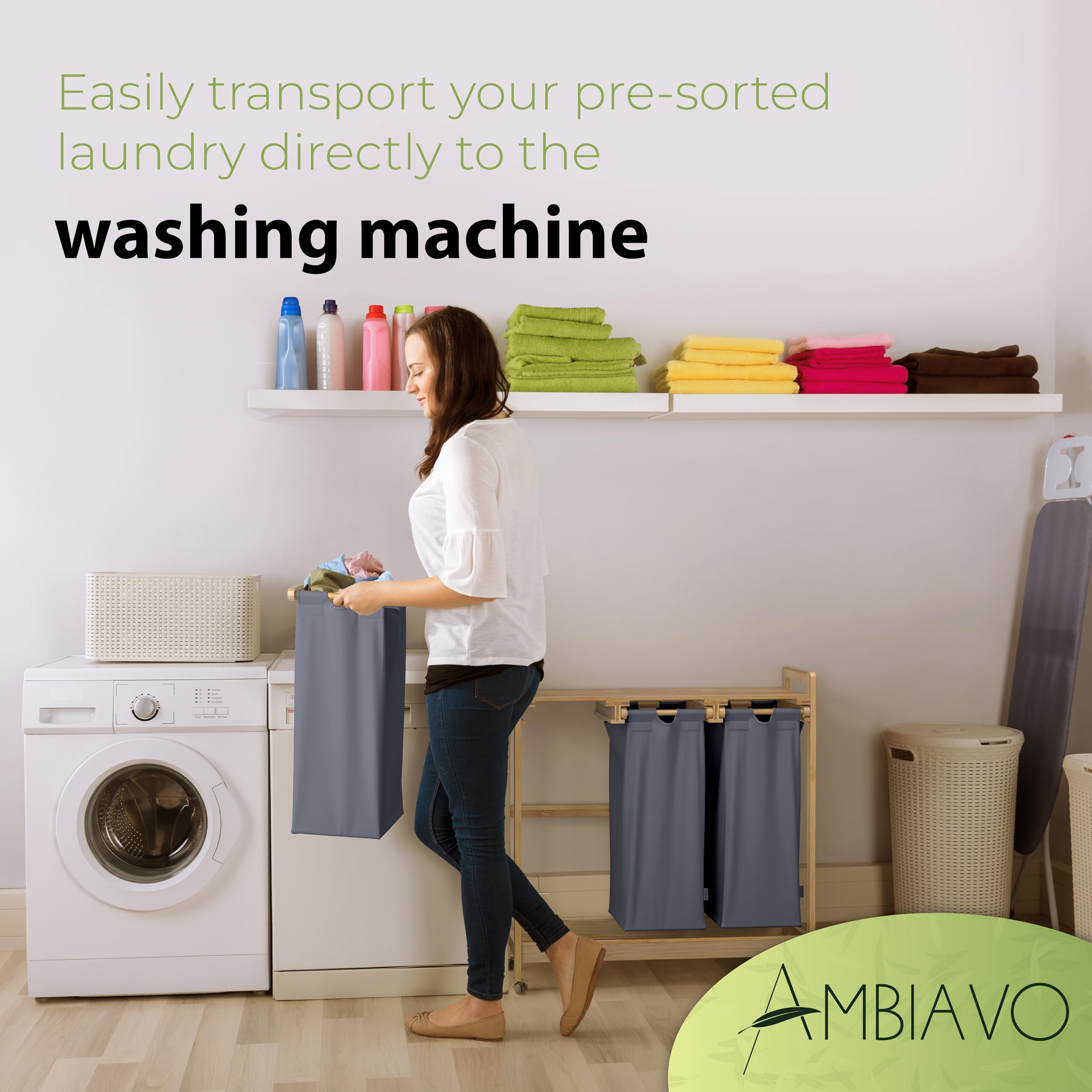 AMBIAVO Laundry Hamper 3 Section bluegrey - Large Bamboo Laundry Sorter with Removable Cotton Bags -Three Compartment Organizer for Clothes - Eco-Friendly and Stylish Storage Solution for Home