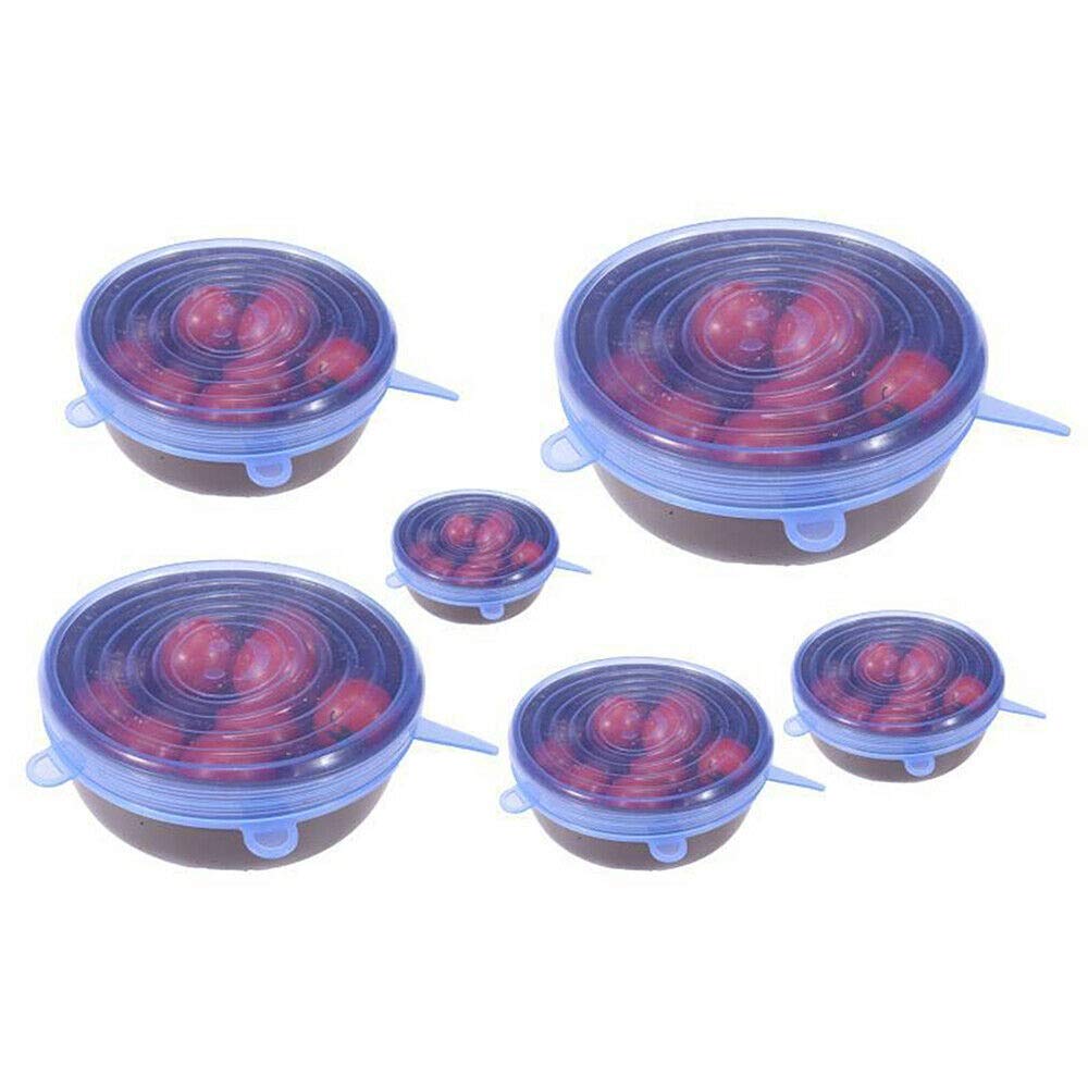 6 Pack Stretch Reusable Silicone Bowl Food Storage Wraps Cover Seal Fresh Lids (Blue with Hooks)