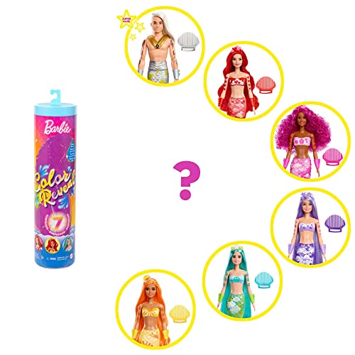 Barbie Color Reveal Doll & Accessories, Rainbow Mermaid Series, 7 Surprises, 1 Mermaid Barbie Doll (Styles May Vary)