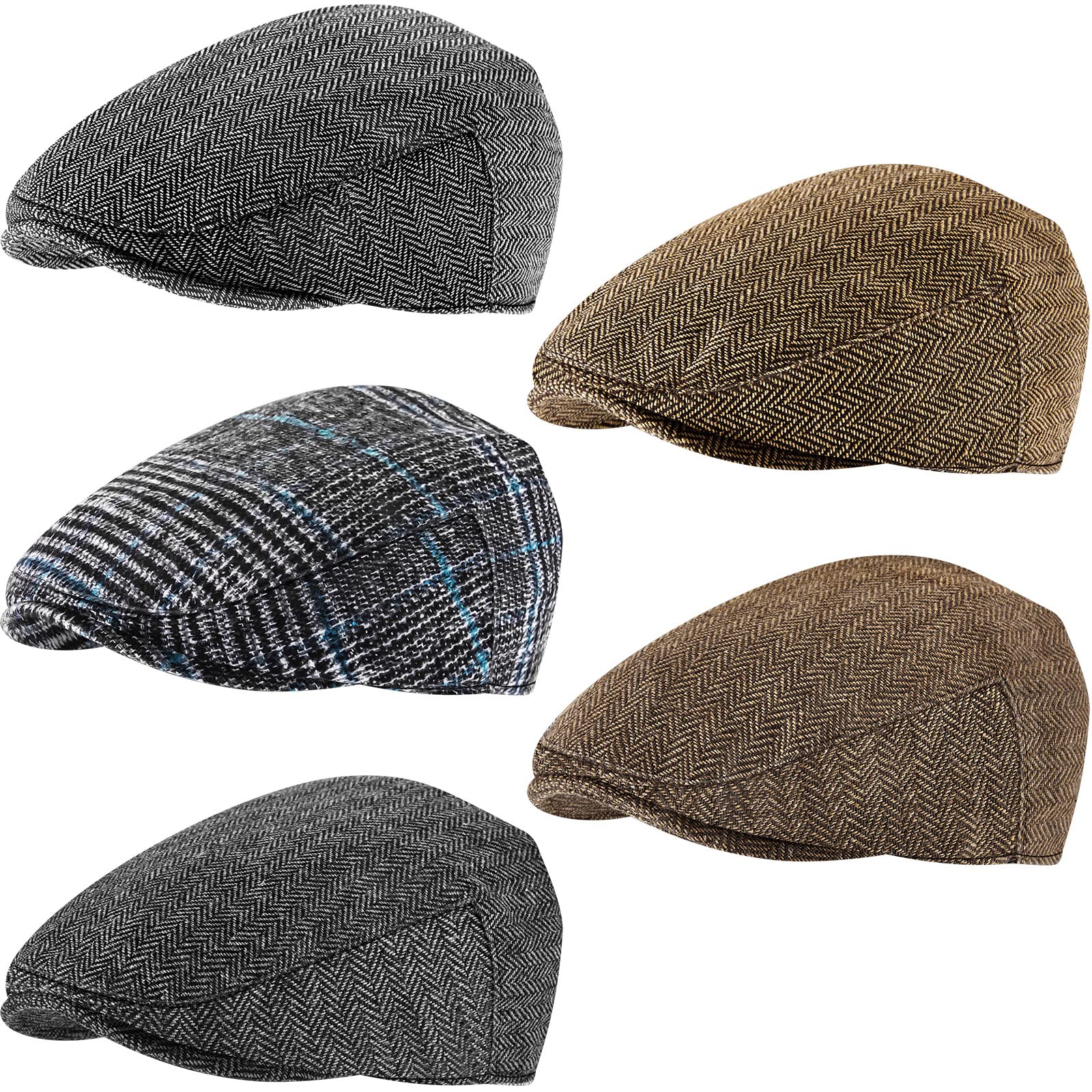5 Pieces Men's Herringbone Flat Newsboy Hat Wool Blend Gatsby Cabbie Cap Classic Wool Blend Tweed Flat Cap Cabbie Hat Men