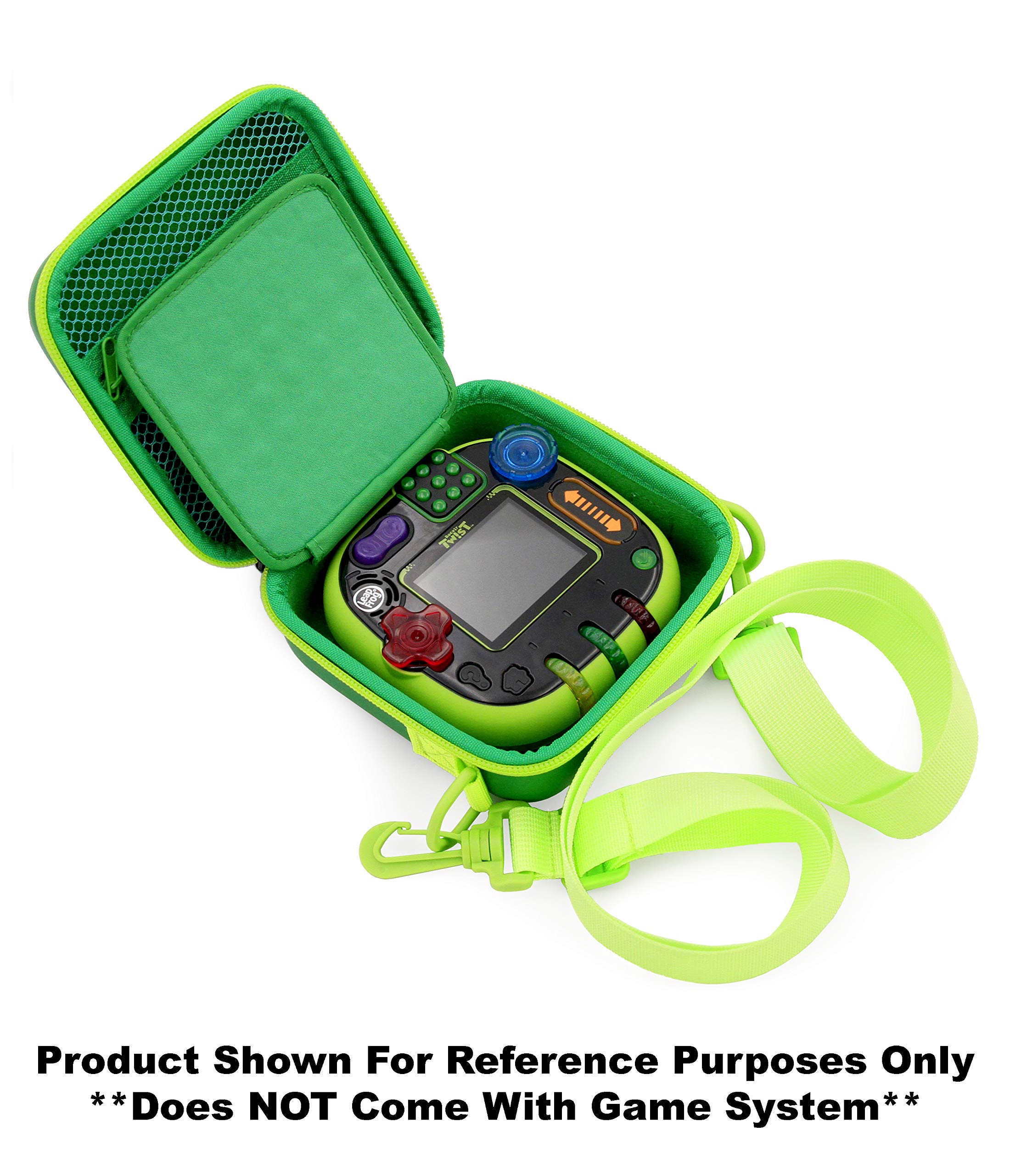CASEMATIX Green Toy Box Travel Case Compatible with Leapfrog Rockit Twist Handheld Learning Game System - Includes Adjustable Shoulder Strap, Accessory Storage and Rubber Frog Keychain - CASE ONLY