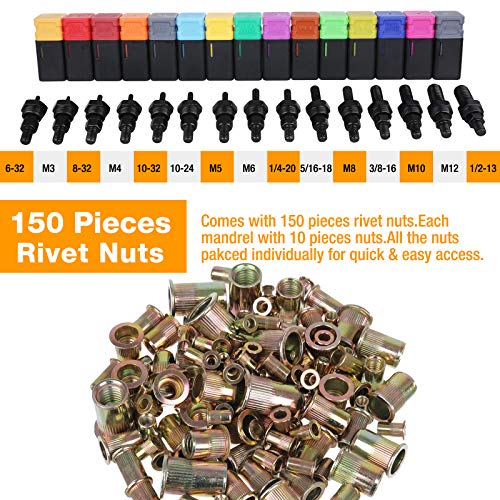 AIUITIO 16" Rivet Nut Tool, Rivnut Tool Kit with 15 Metric and SAE Mandrels, Nutsert Rivet Tool Set with 150Pcs Rivnuts