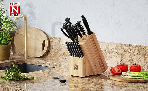 Cook N Home Kitchen Knife Set with Bamboo Storage Block 15-Piece, High Carbon Stainless Steel Blade, Black