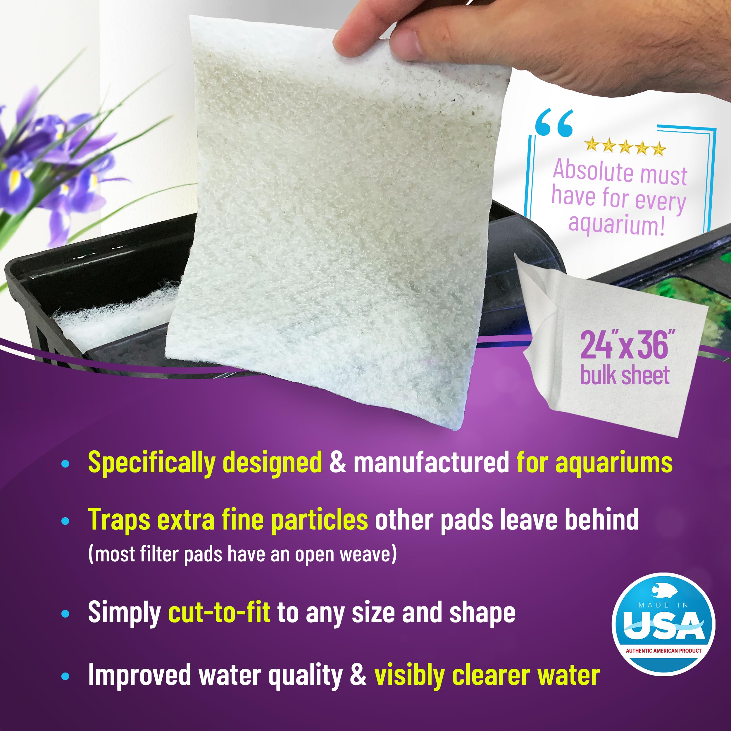 Aquatic Experts Aquarium Polishing Filter Pad, Aquarium Filter Pad, Aquarium Filter Floss for Fish Tank Filters, Water Polishing Pad for Aquarium Filters, (50 Micron, 24" x 36" - 4 Pack)