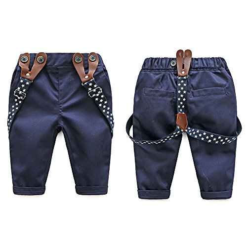 Kimocat Toddler Boy Clothing Sets Plaid Shirt Bowtie and Suspender Strap Pants Outfits (Blue, 0-6month(70#))