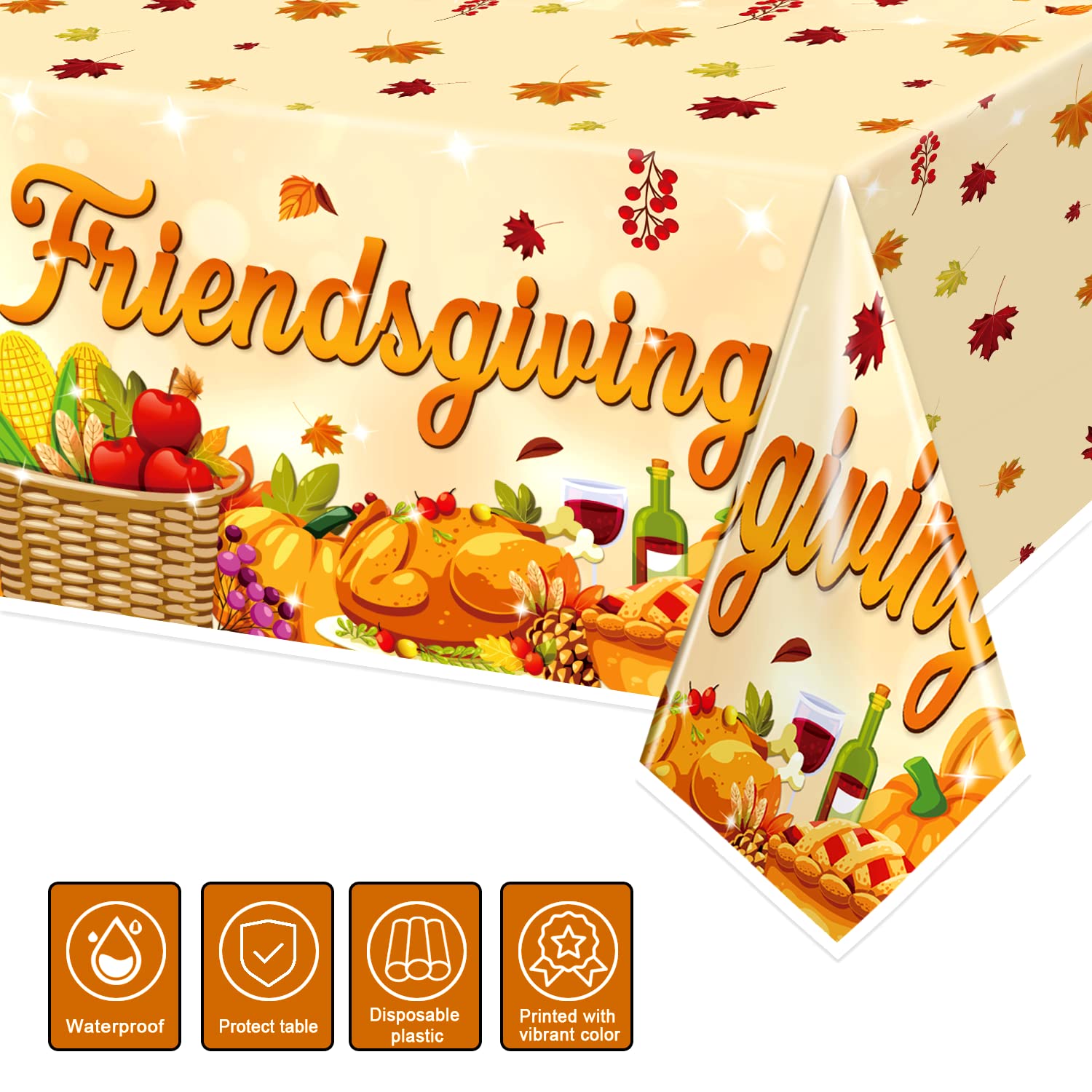tineit 3 Pieces Friendsgiving Tablecloth, Happy Friendsgiving Decorations Plastic Tablecovers, Rectangle Friendsgiving Table Decorations for Fall Thanksgiving Friendsgiving Party, 108 * 54