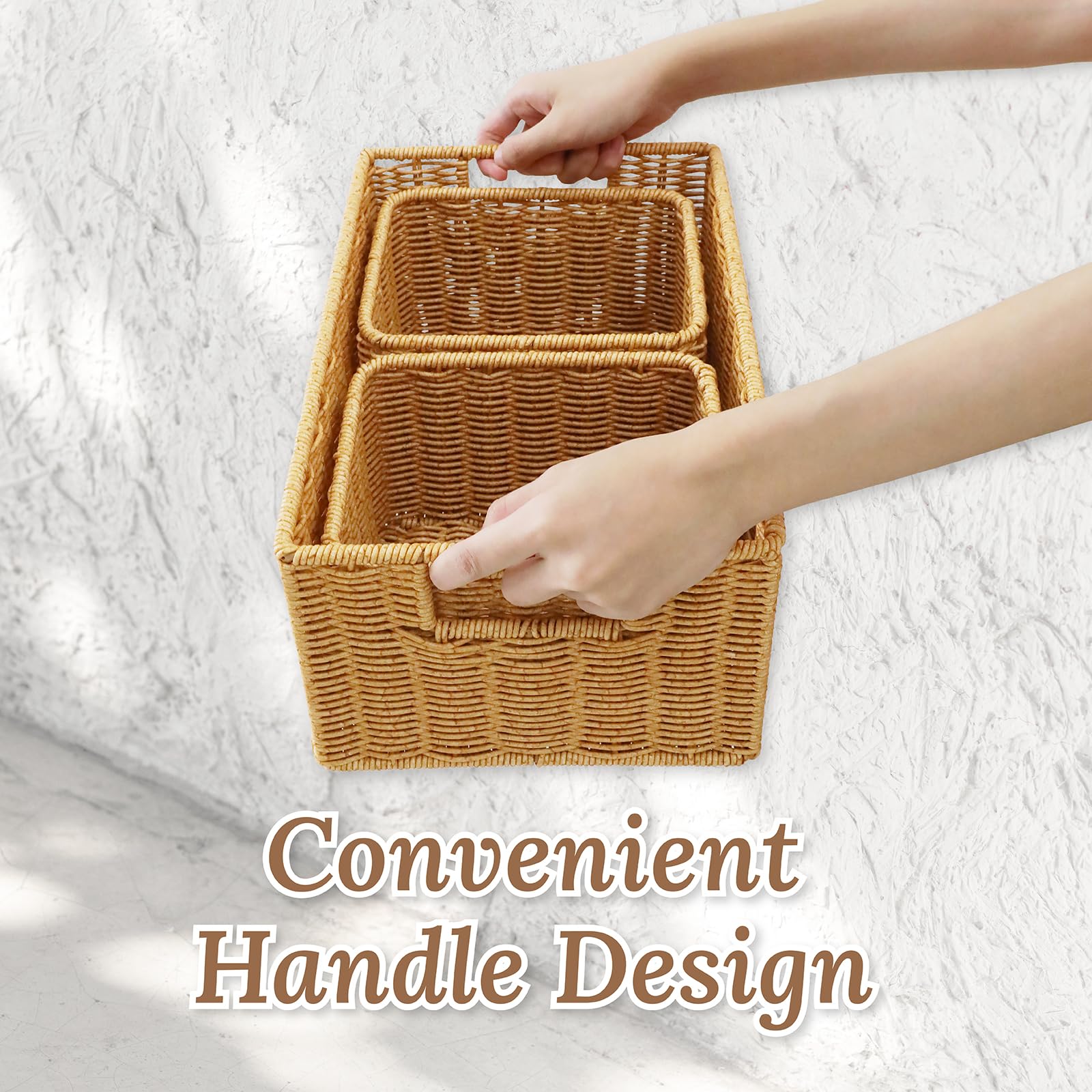 WeeNest Wicker Basket with Handle, Wicker Baskets for Organizing, Shelf Baskets, Shelf Baskets for Organizing, Woven Basket with Handles, Wicker Basket Organizers, Resin Wicker Set of 3, Latte