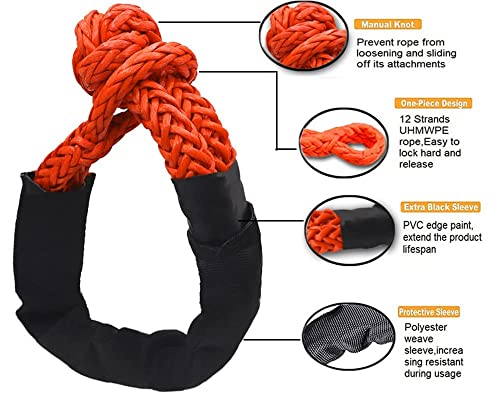 BNEEN Soft Shackle, 1/2" X 24 Inch with Winch Snatch Recovery Ring for ATV UTV SUV Truck Recovery (56000 LBS, 1 Pack Red Ring, 2 Pack Orange Shackle)