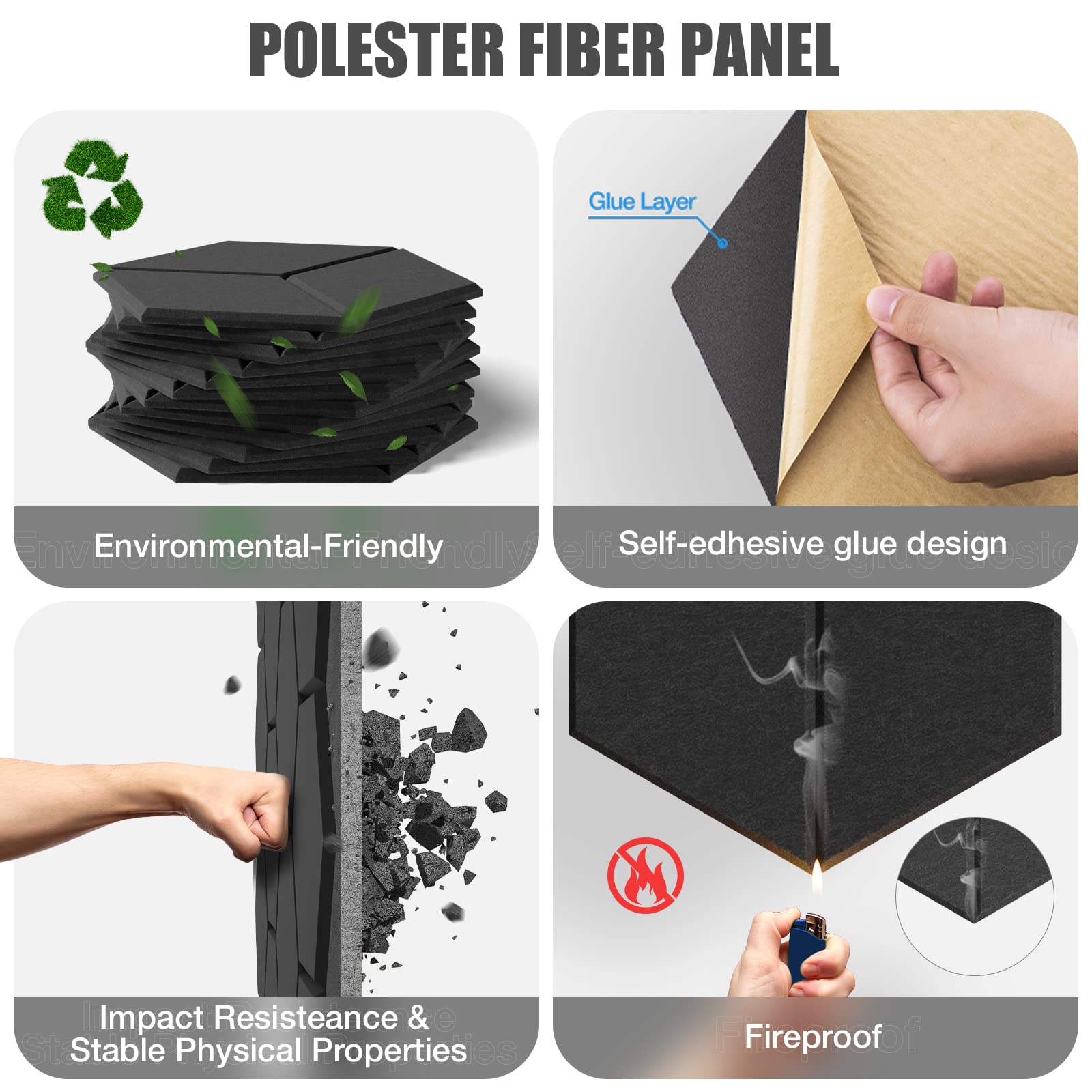6 PACK Y-Lined Acoustic Foam,Self-adhesive Sound Proof Panels,12 X 10.5 X 0.4 Inches Sound Proof Foam Panel,High Density Fireproof Wall Panels(BLACK)
