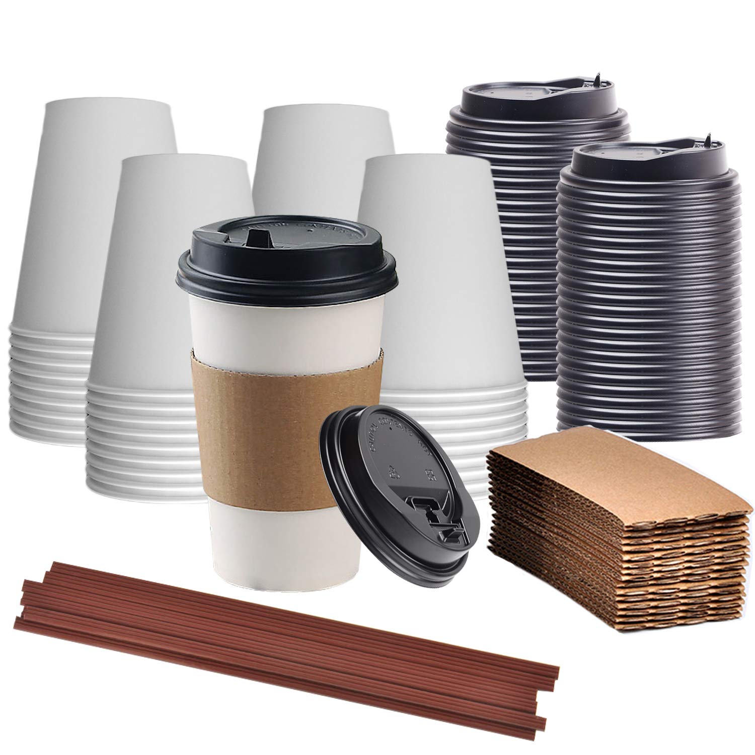 50 Sets Disposable Coffee Cups with Lids & Sleeve, 12 oz to Go Coffee Cups Leakproof Paper Coffee Cups Hot Beverage Cups for Hot and Cold Drinks