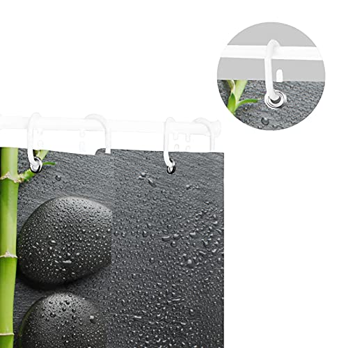 Black Zen Basalt Stones with Dew Green Bamboo on Dark Waterproof Shower Curtain, Machine Washable Polyester Cloth with 12 Hooks, No Smell Bath Tub Stall Curtain Liner 48"(W) x72(H)