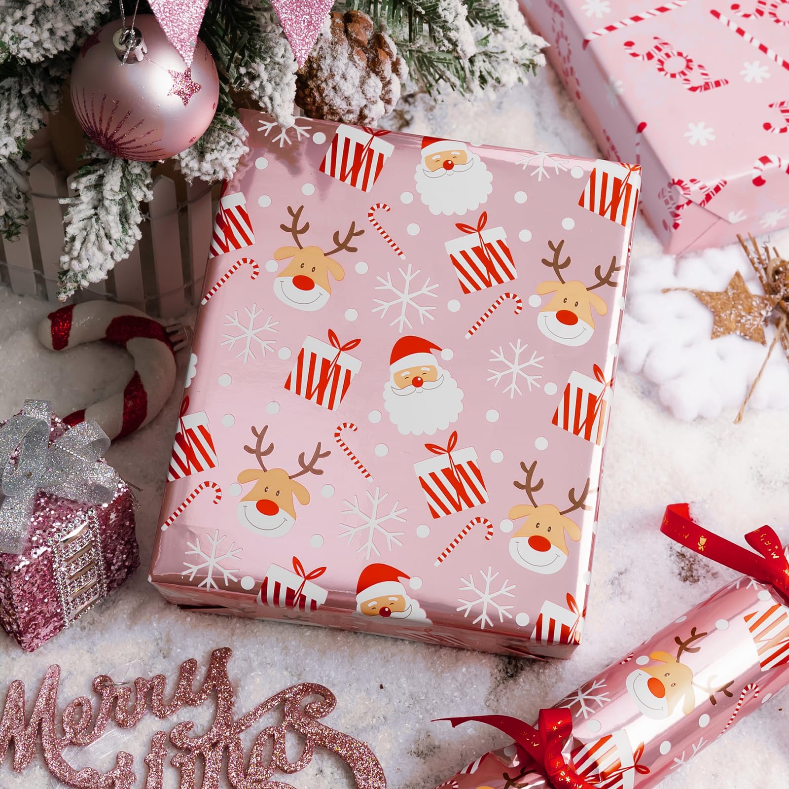 Afucus Reversible Pink Christmas Wrapping Paper, Christmas Tree, Joy Candy Cane, Snowflake, Reindeer, and HO Santa Laughter Themed Gift Wrap Paper, Mini Rolls for Christmas (17 Inch X 120 Inch)