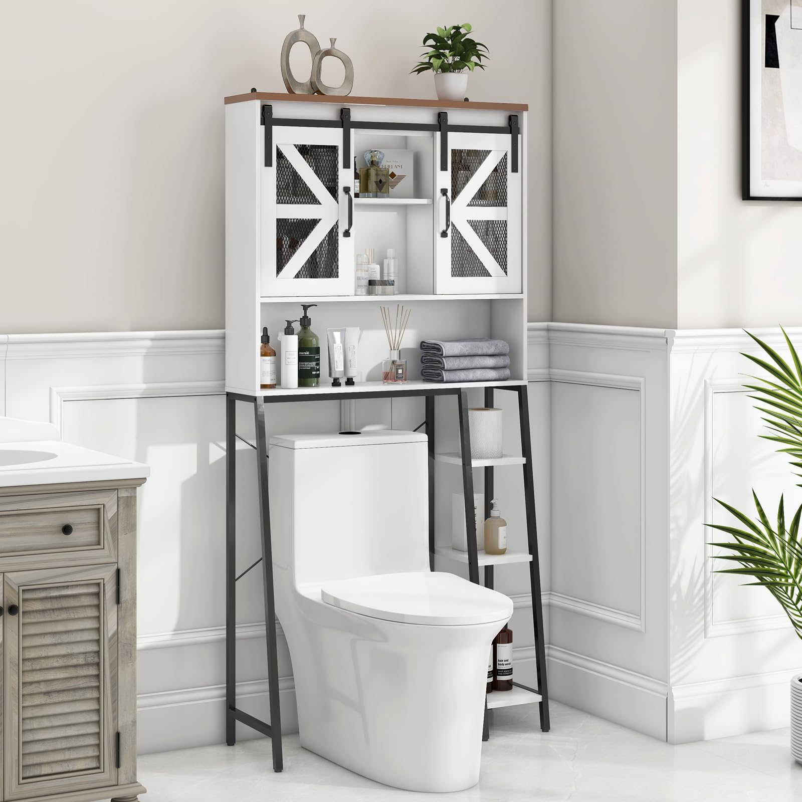 Over The Toilet Storage Cabinet, Farmhouse Storage Cabinet Over Toilet with Sliding Barn Door,Home Space-Saving Toilet Rack, for Bathroom, Restroom, Laundry