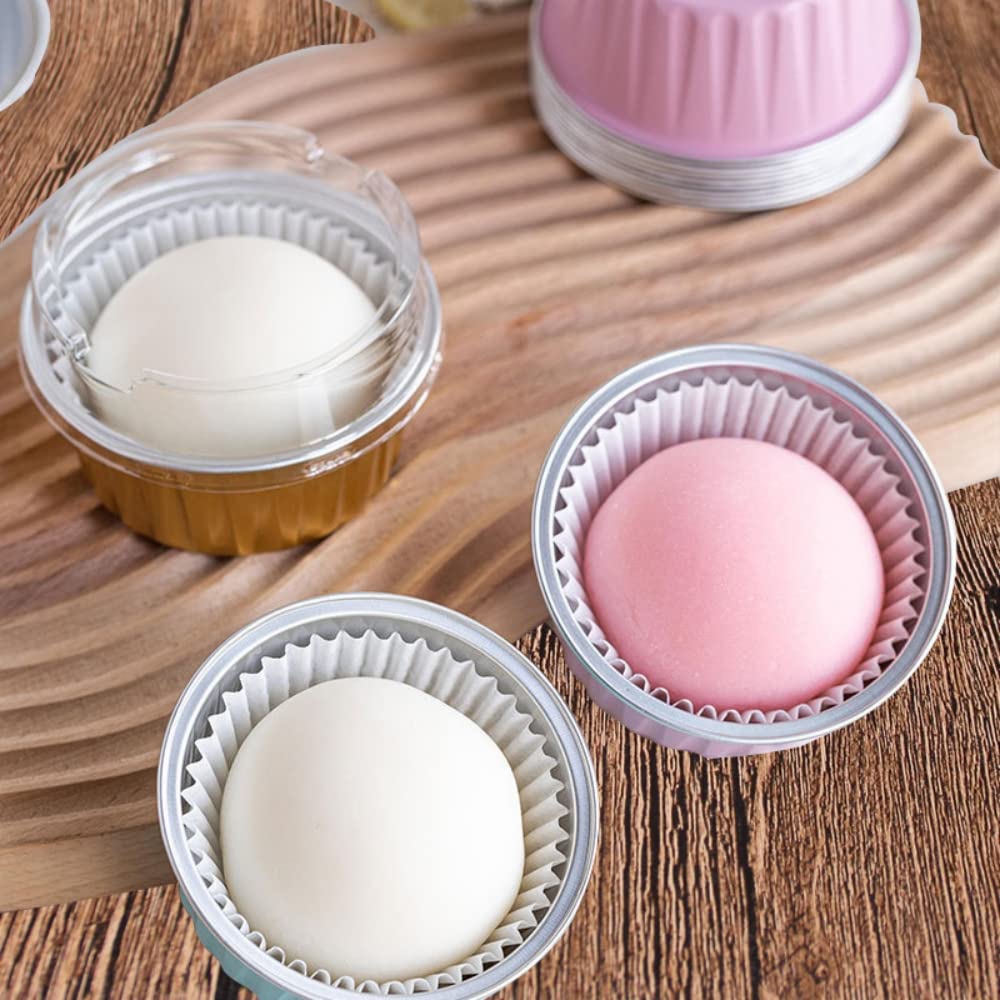 50 sets of pudding cups,Mini Muffin Liners with Lids,cake molds,air fryer special bowls, tin paper boxes,Cupcake Baking Pans,tin paper boxes,Round Foil Cupcake Cups Foil Baking Cups for Cake Bakery