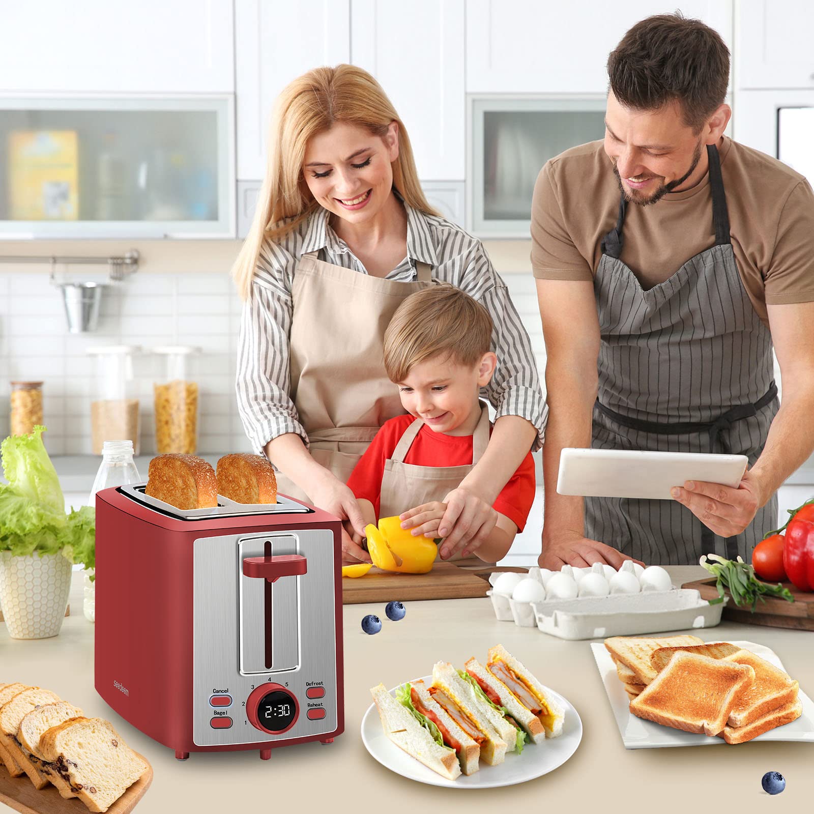SEEDEEM Toaster 2 Slice, Bread Toaster with LCD Display, 7 Shade Settings, 1.4'' Variable Extra Wide Slots Toaster with Cancel, Bagel, Defrost, Reheat Functions, Removable Crumb Tray, 900W, Retro Red