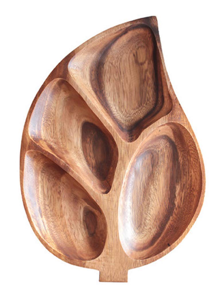 Acacia Premium Leaf Shaped Wooden 4-Compartment Divided Wood Accent-Plates Divided Dessert Dish Serving Trays Platters 4 Section