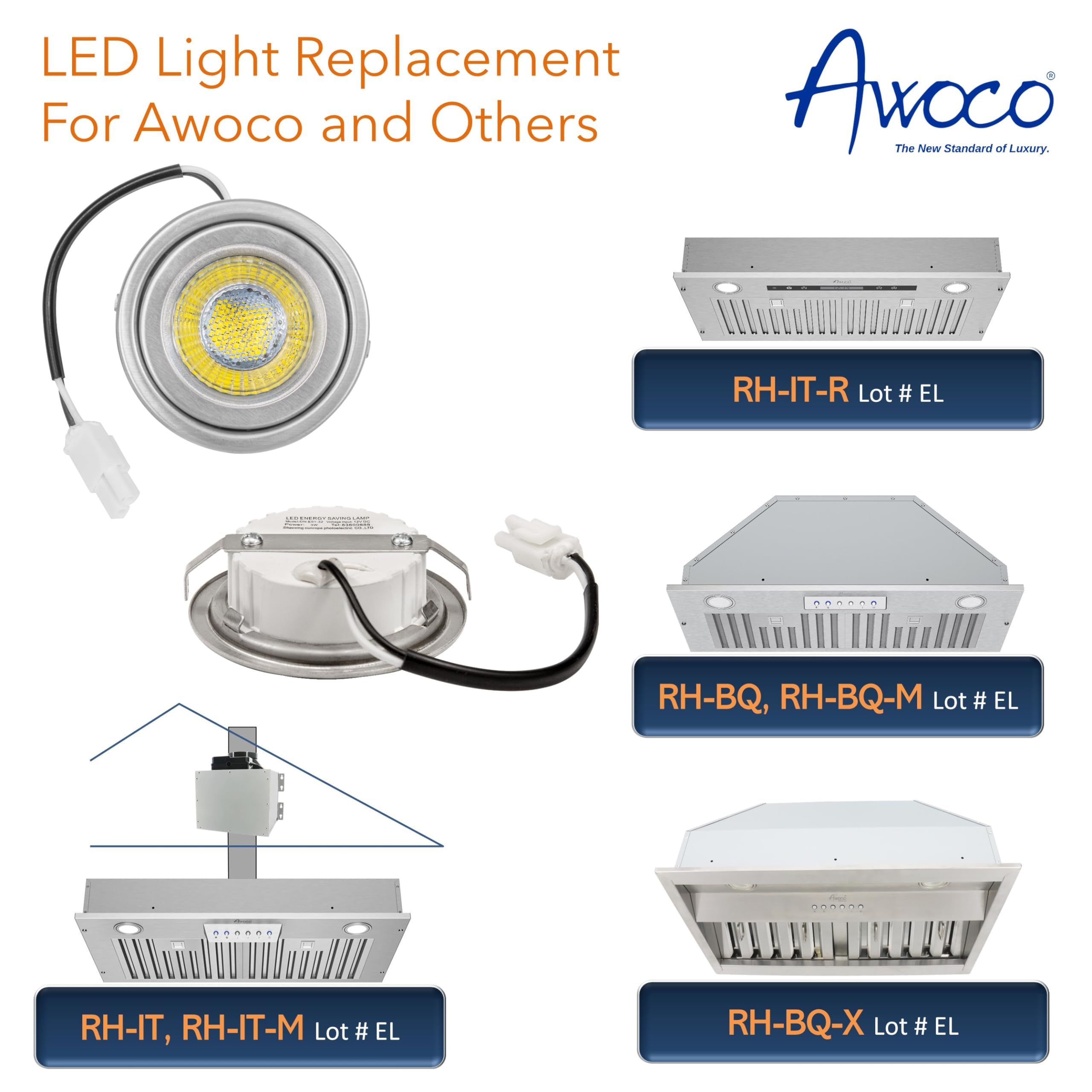 Awoco ON-E01-32 LED Light Bulbs Replacement for Range Hoods - 12V DC, 3W, Cooker Hood led Light Bulbs with 3000K Warm Yellow (Pack of 2)