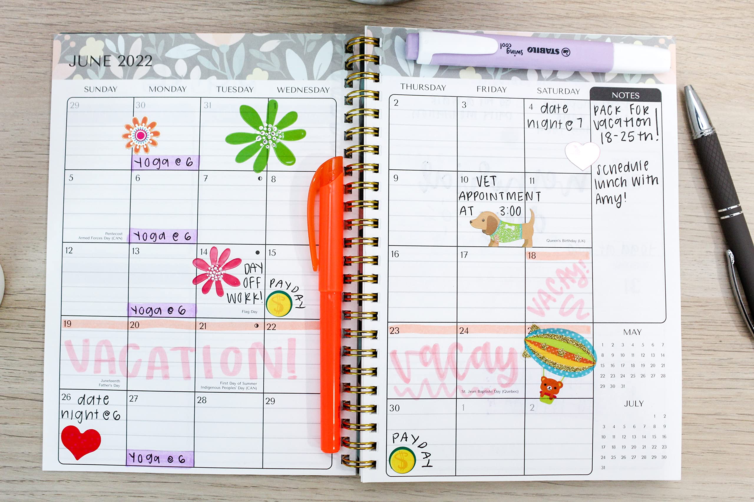Academic Planner Yearly Monthly Weekly Daily Large Calendar Organizer by Bright Day Spiral Bound Dated Agenda Flexible Cover Notebook, June 2022 - July 2023, 8.25 x 6.25, Black Floral