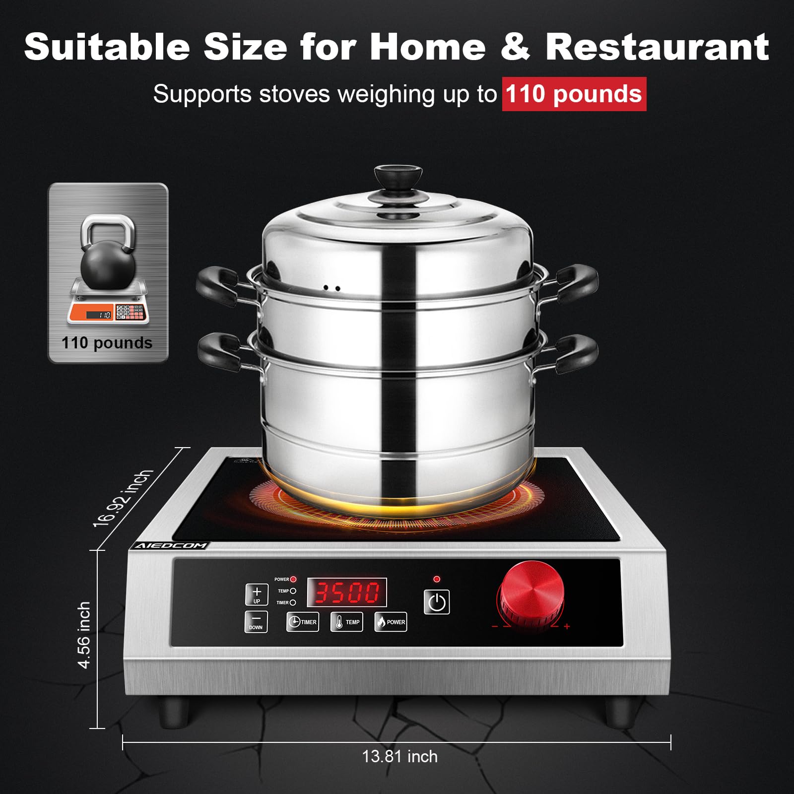 AiedCom 3500W 220V~240V Commercial Induction Cooktop, Powerful Electric Induction Burner, Countertop Electric Stove with Digital Sensor, Touch/Knob Control