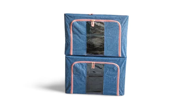 Clothes Storage Organizer with Metal Frame (Set of 2), Extra Large 66L | Foldable Storage Bin Boxes with Clear Window | Stackable, Moisture Proof, Dust Proof | Strong Carry Handles for Clothing, Bedding, Blanket, Closet | Clothes Storage (Blue)