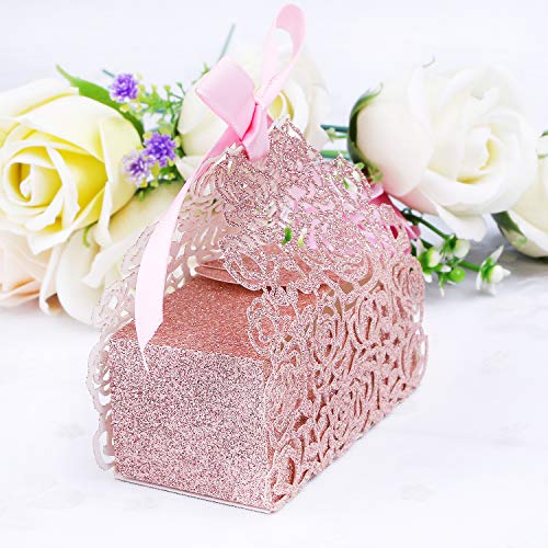 PONATIA 50 PCS Laser Cut Rose Gold Glitter Boxes with Pink Ribbons Wedding Party Favor, Wedding Gift Bags Chocolate Candy and Gift Boxes(Rose Gold Glitter)