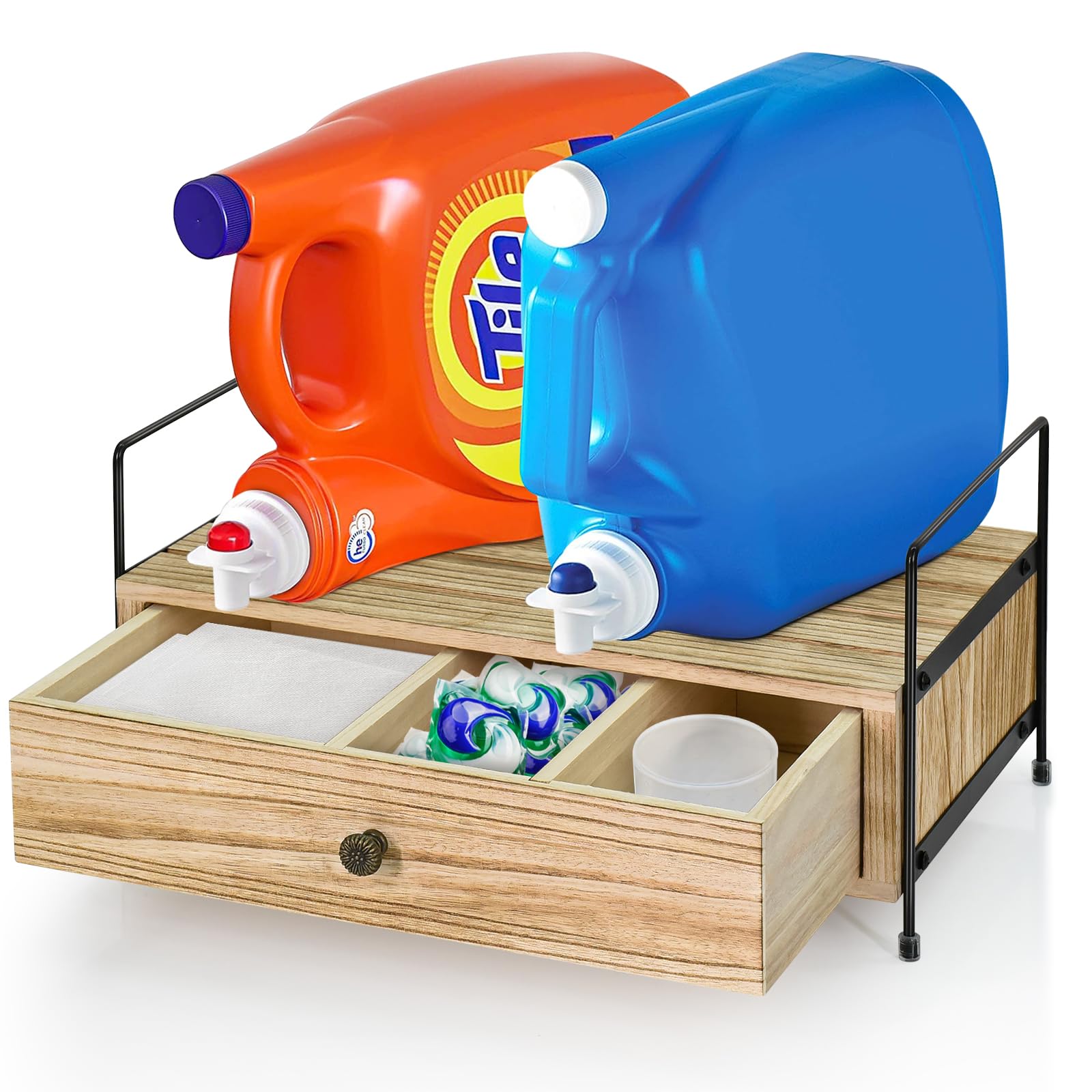 Wooden Detergent Holder for Laundry Room Organizer, Shelf Organizer for Liquid Laundry Detergent, Laundry Detergent Holder with Drawer for Dry Sheets, Dry Balls, Pods, Clips, Laundry Room Decor