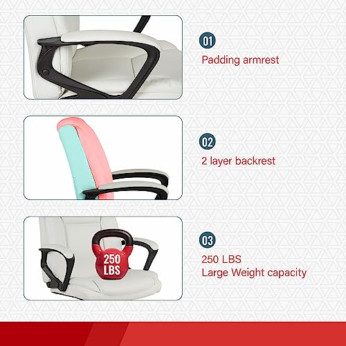 Home Office Chair Ergonomic Desk Chair PU Leather Task Chair Executive Rolling Swivel Mid Back Computer Chair with Lumbar Support Armrest Adjustable Chair for Men (White)