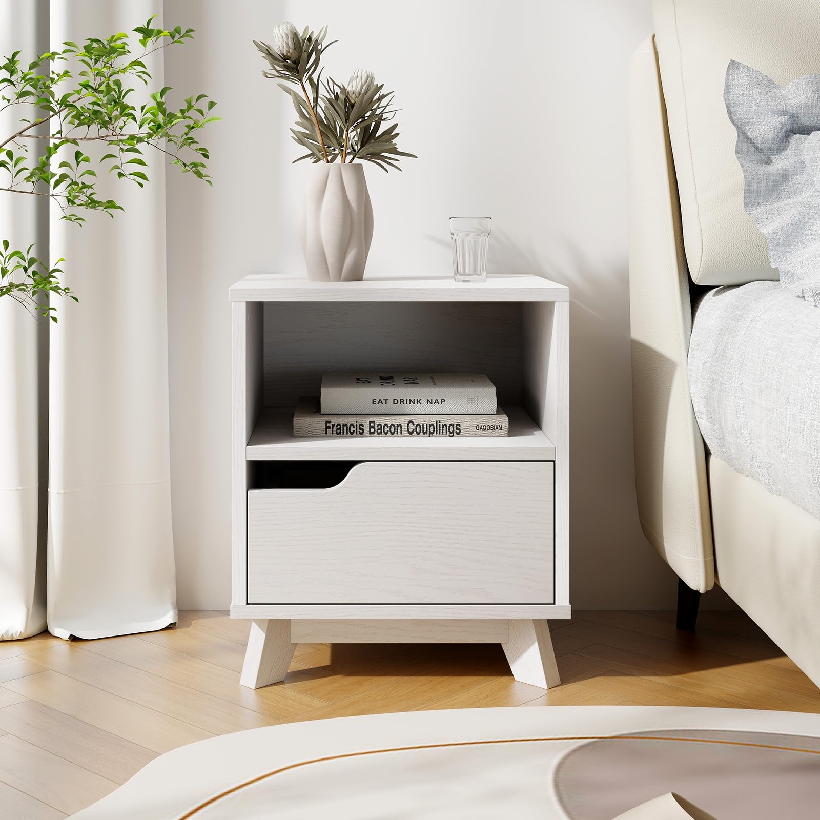 Giantex 2 Tier Nightstand, Mid Century Modern Bedside Table with Storage Drawer & Open Shelf, Wood Night Stand for Small Spaces, Minimalist Side End Table for Bedroom, Distressed White