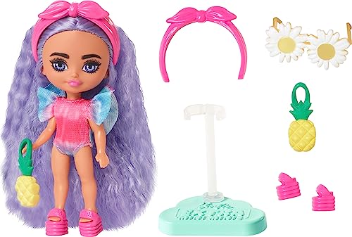 Barbie Extra Mini Minis Travel Doll with Beach Fashion, Tie-Dye Swimsuit and Tropical Accessories, Barbie Extra Fly Small Doll