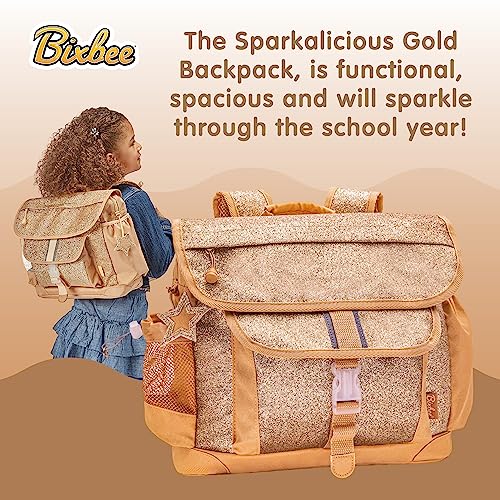 Bixbee Personalized Kids Backpack, Gold Sparkly Bookbag for Kids & Toddlers Ages 3+ 5-7 | Custom Backpack with Name for Boys & Girls | Water Resistant Monogrammed School Bag