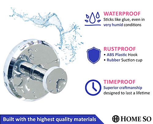 HOME SO Suction Cup Hooks for Shower, Bathroom, Kitchen, Glass Door, Mirror, Tile – Loofah, Towel, Coat, Bath Robe Hook Holder for Hanging up to 15 lbs – Waterproof & Rustproof, Chrome (2-Pack) …