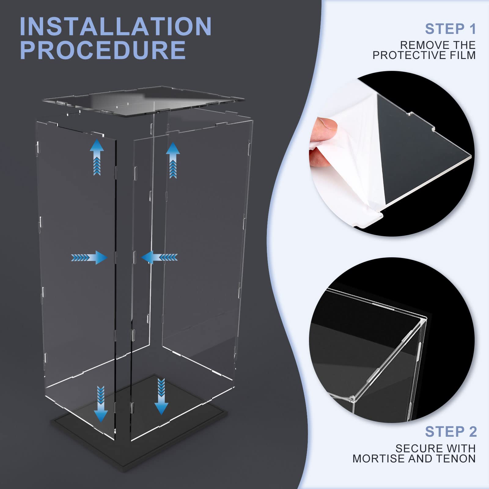 DuvinDD Acrylic Display Case for Large Collectibles, 29 inch Tall Clear Display Box for Bearbrick 1000% Lego 10341 Doll Figure Dustproof Protective Showcase Stand, Assemble Acrylic Box with Black Base
