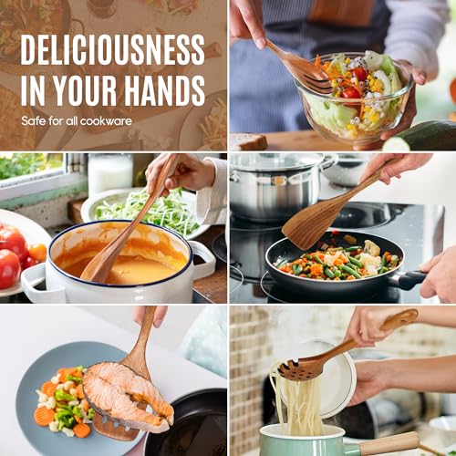 5 PCS Wooden Spoons for Cooking Natural Teak Kitchen Utensils Smooth Non-Stick Surface Cooking Utensils Set Soft Comfort-Grip Wooden Utensils for Cooking