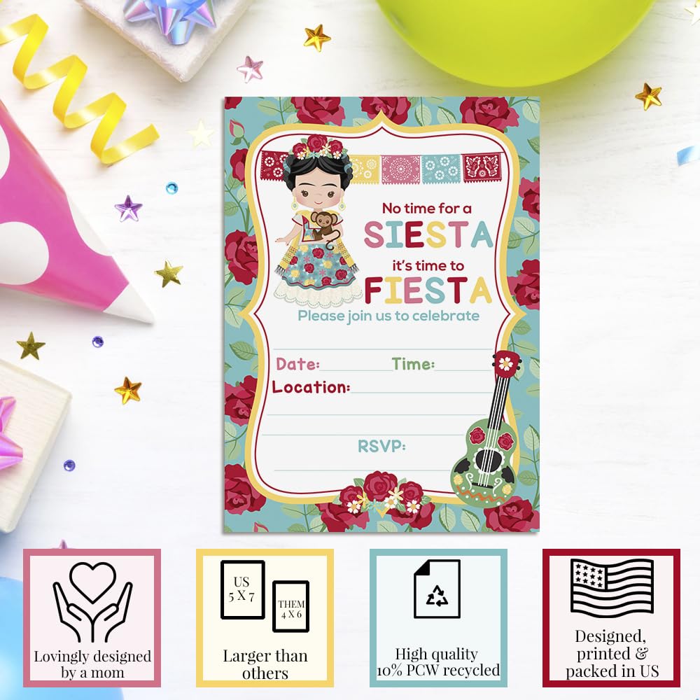 Amanda Creation Frida Fiesta Themed Birthday Party Invitations, 20 5x7 Fill In Cards with Twenty White Envelopes