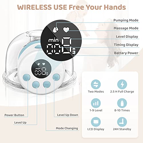 Breast Pump - Wearable Electric Low Noise Breast Pump, Rechargeable Portable Breast Pump with 2 Modes & 9 Levels, LCD Display Memory Function and Can Be Worn in-Bra, 24mm Flange